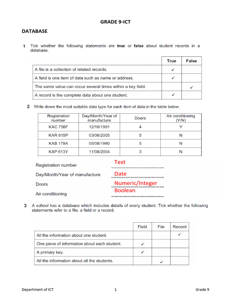 Grade 9 ICT Database Management Guide | PDF