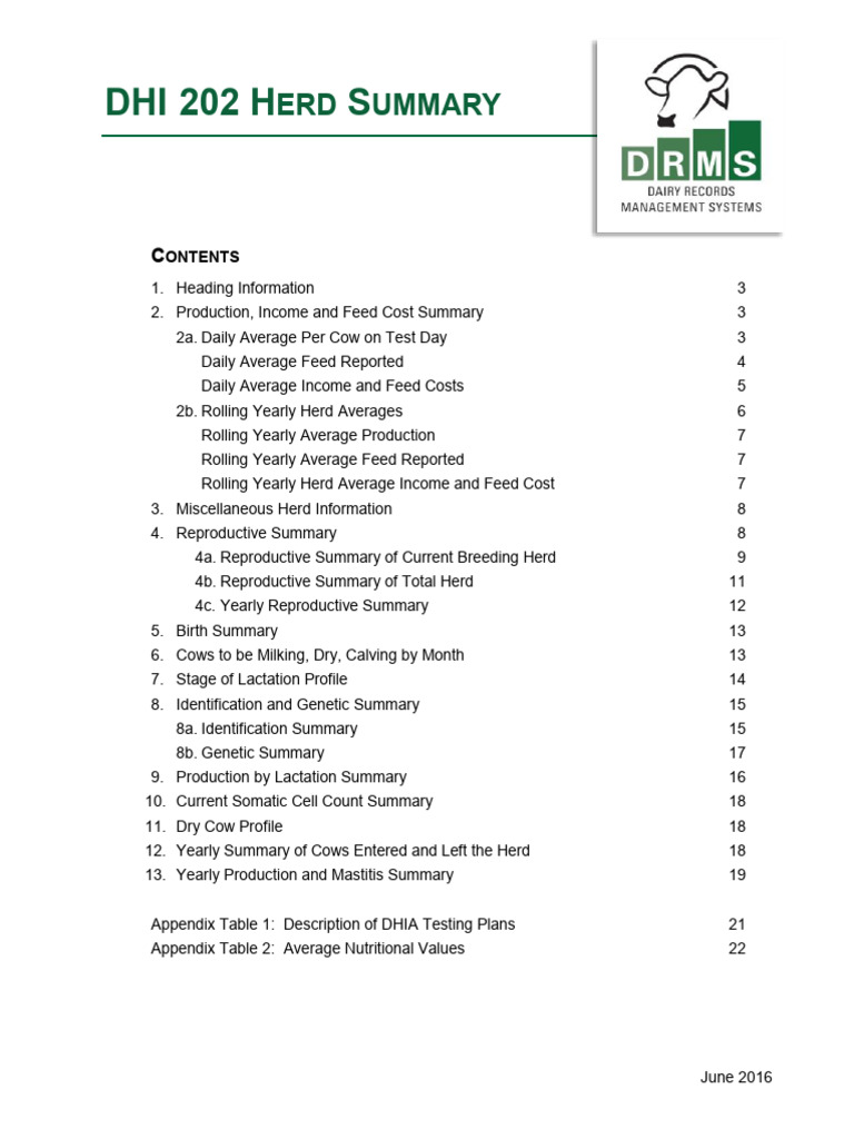 Explanation 202 Herd Summary | PDF | Cattle | Milk