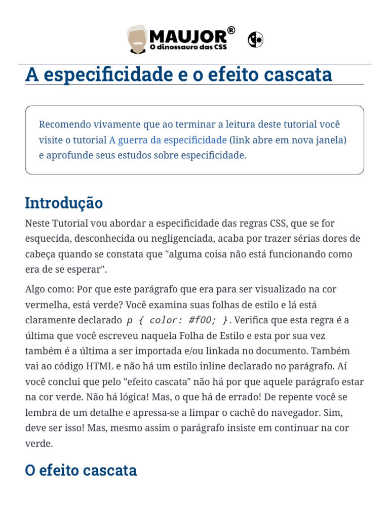 Tutorial CSS - A especificidade e o efeito cascatas | PDF