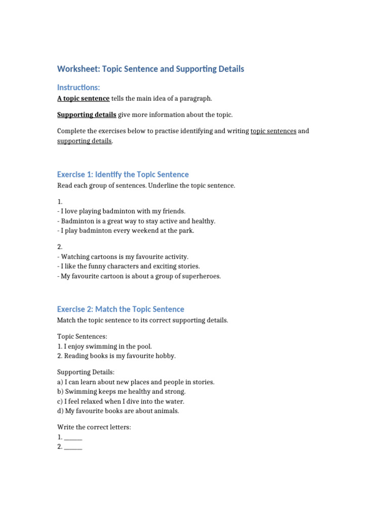 Topic Sentence Worksheet | PDF