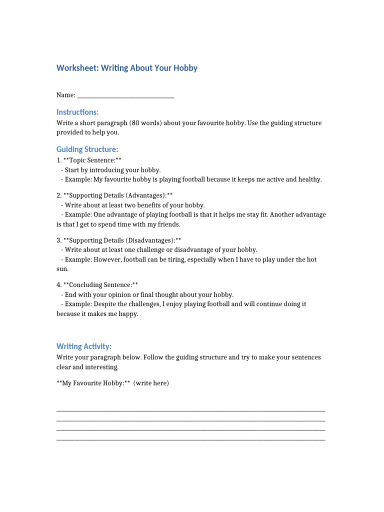 Hobby Writing Worksheet Guide | PDF