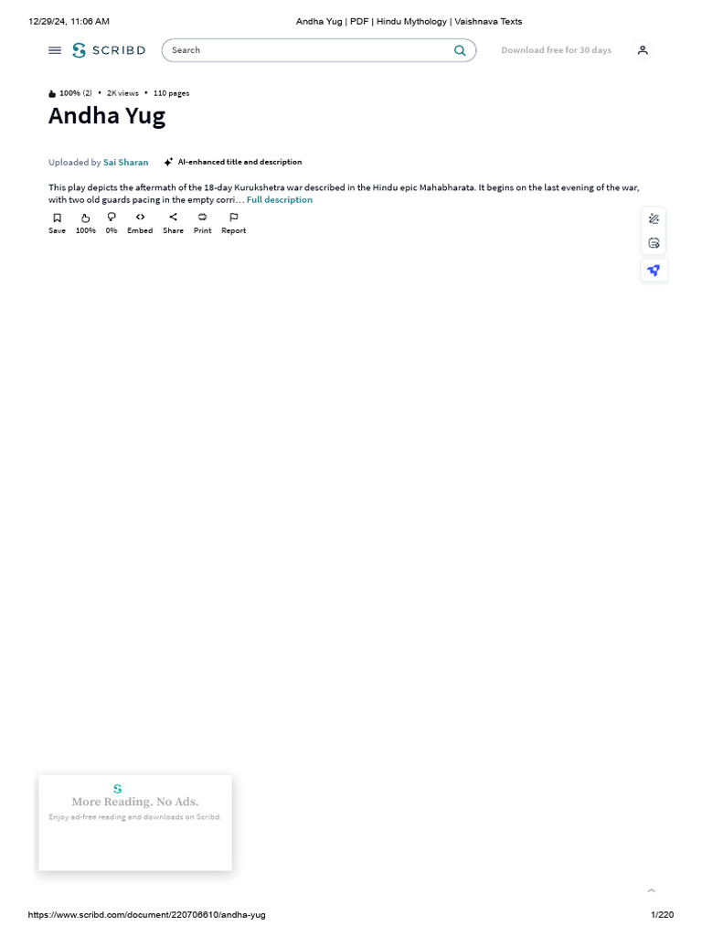 "Andha Yug: Post-Kurukshetra Play" | PDF | Scribd | Hindu Mythology
