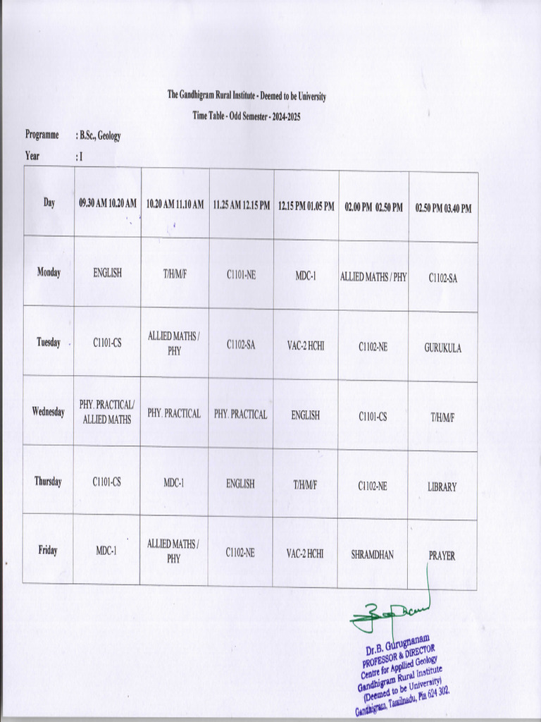 I - B.SC., Geology Odd Semester Time Table - 2024-2025 | PDF