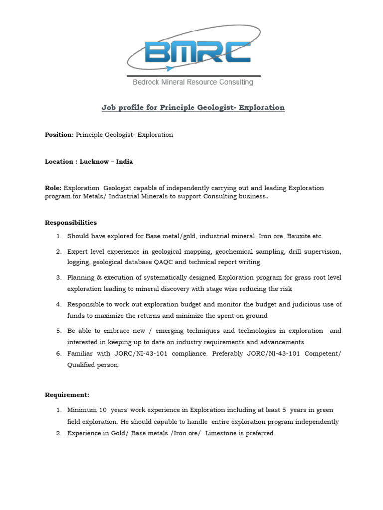 Principal Geologist Job Profile - Exploration | PDF | Exploration | Geology
