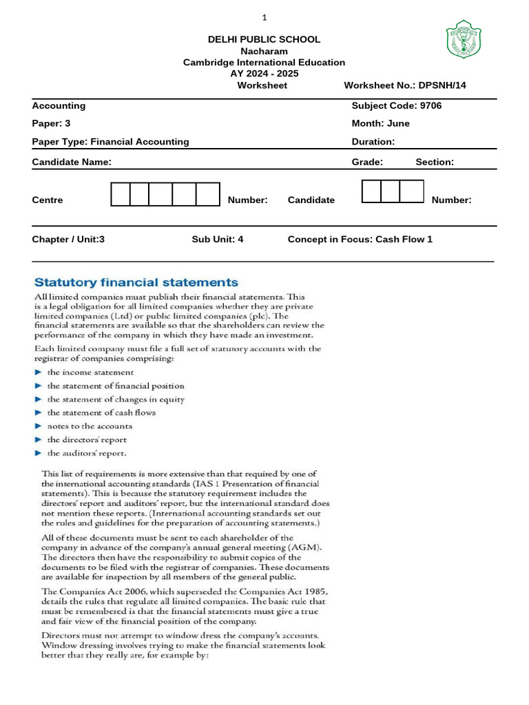 DPS Nacharam Accounting Worksheet 2024 | PDF