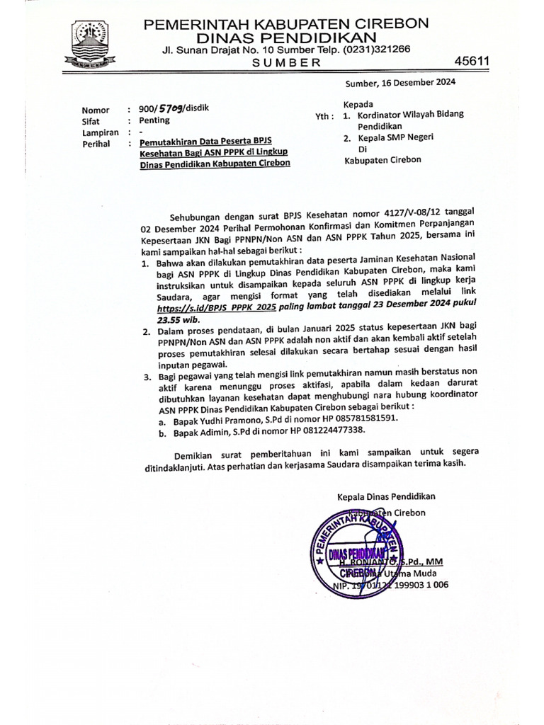 Surat Dinas Pemutakhiran Data BPJS ASN P | PDF