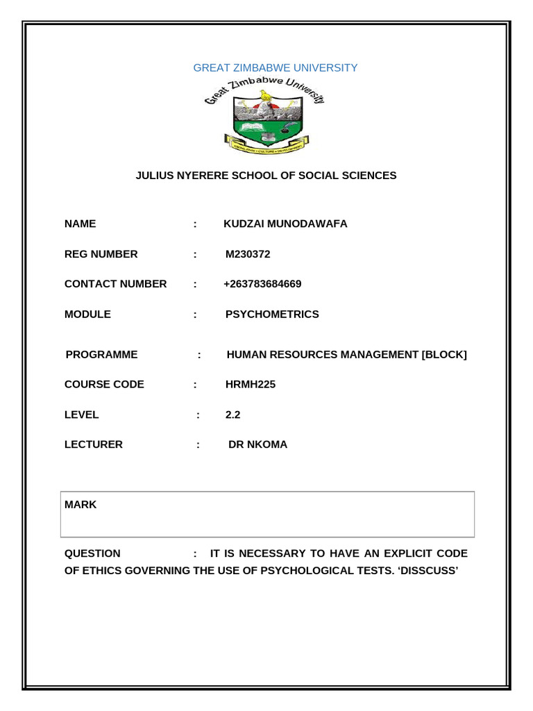 Kudzai Munodawafa Psychometrics Assignment | PDF | Informed Consent | Psychology