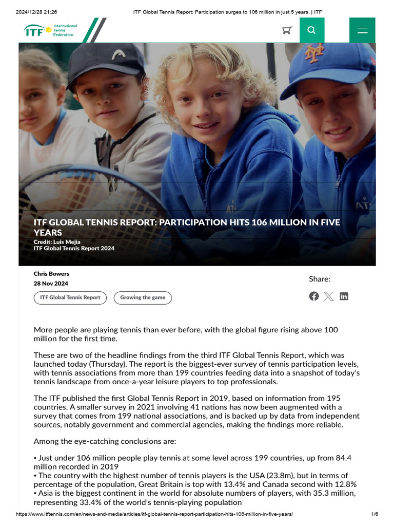 ITF Global Tennis Report - Participation Surges To 106 Million in Just 5 Years. - ITF | PDF | Sports