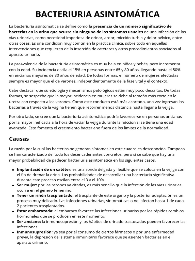 Definición de Bacteriuria Asintomática | PDF | Infección del tracto ...
