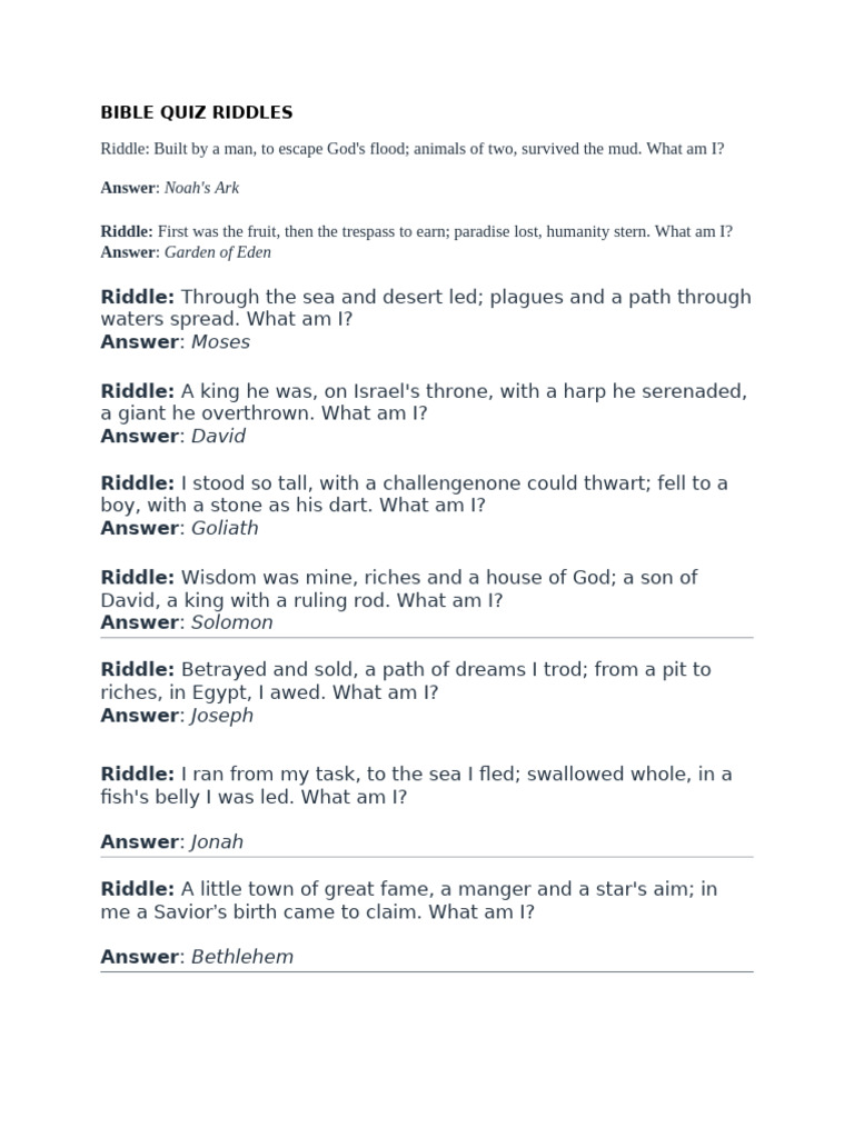 Bible Quiz Riddles | PDF | Old Testament Books
