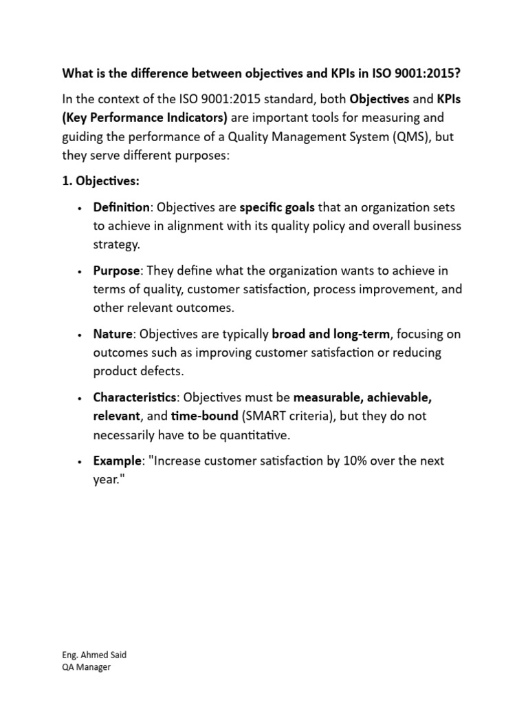 Objectives Vs KPIs at ISO 9001-2015 | PDF | Performance Indicator | Goal