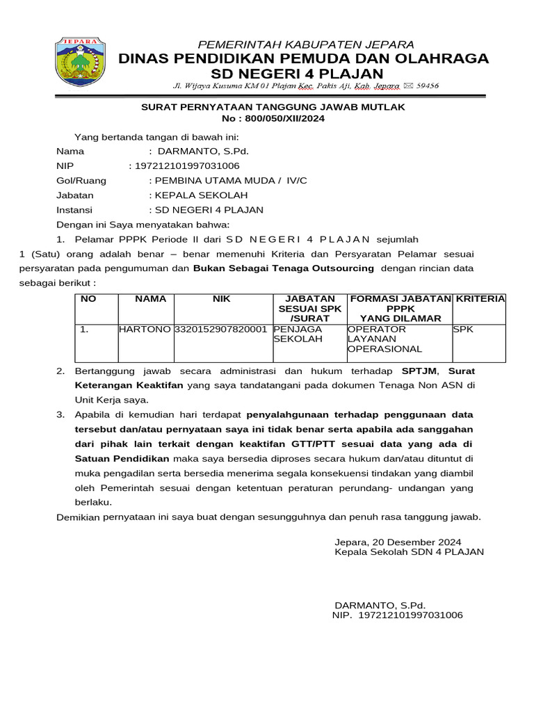 Format SPTJM Sekolah Keaktifan Periode II | PDF