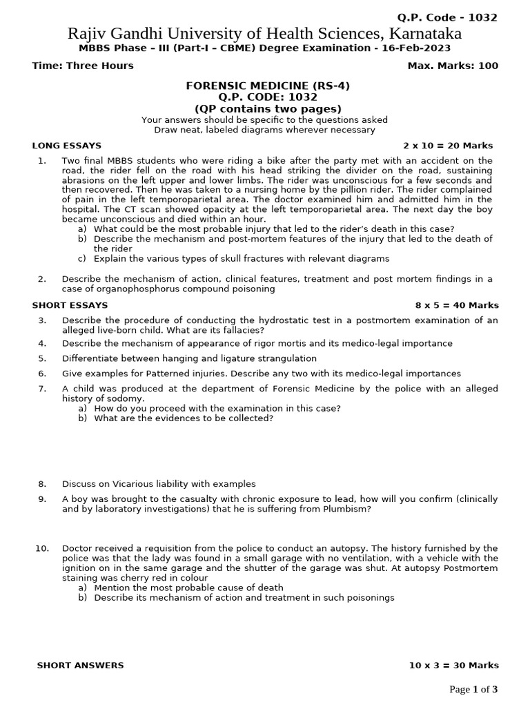 Forensic Medicine Exam Questions 2023 | PDF | Autopsy | Clinical Medicine