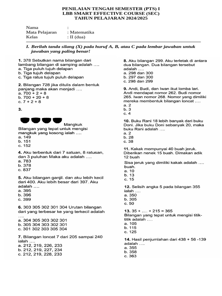 Soal PTS 1 MTK KELAS 2 | PDF