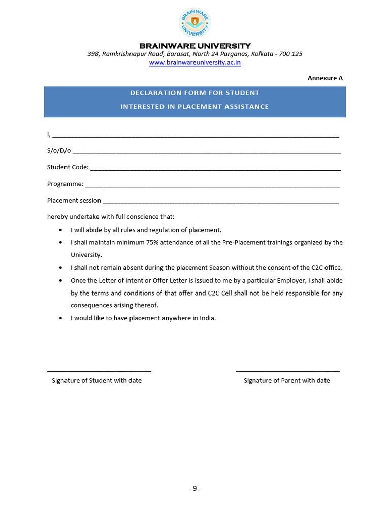 Placement Assistance Declaration Form | PDF
