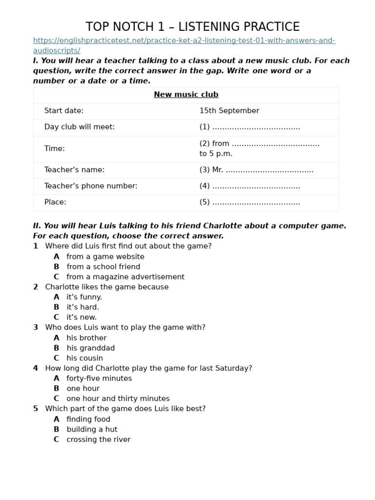 TOP NOTCH 1 - Listening Practice 1 | PDF