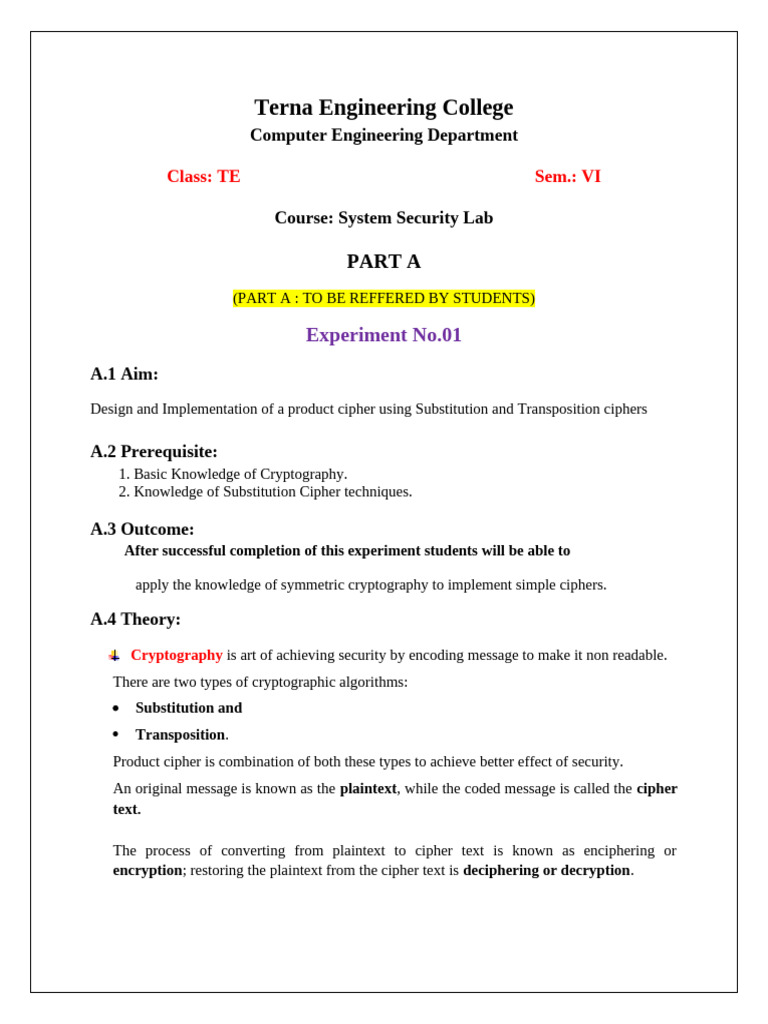 Exp1 Design and Implementation of A Product Cipher Using Substitution and Transposition Ciphers ...