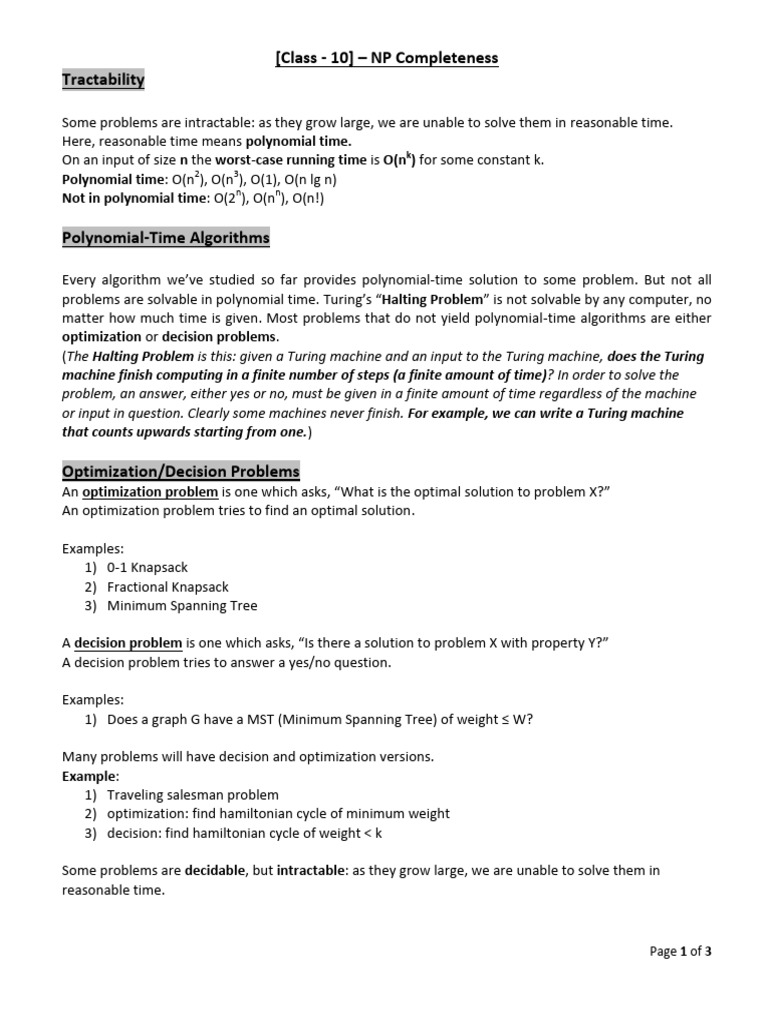 [Class - 10] - NP Completeness | PDF | Time Complexity | Computational Complexity Theory