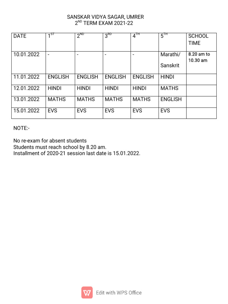 2021-22 2nd Term Exam Schedule | PDF