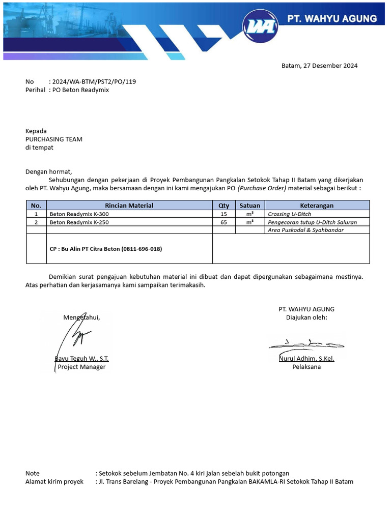 PO Beton Readymix Proyek Batam | PDF