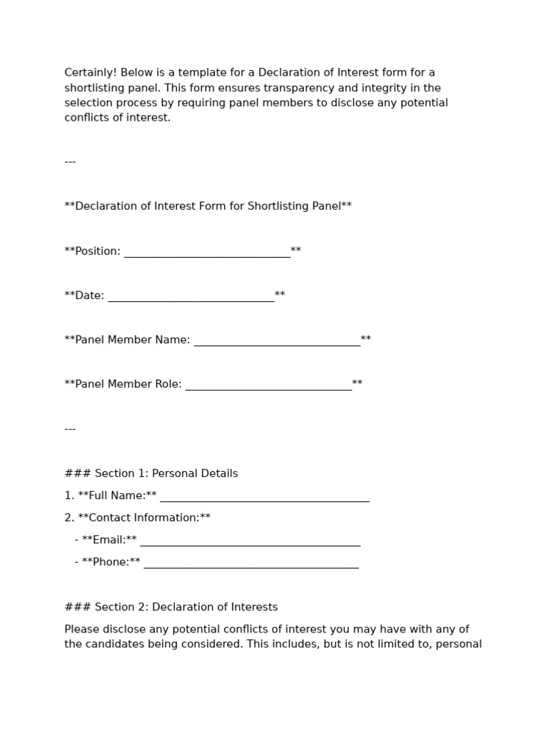 Declaration of Interest Form | PDF | Conflict Of Interest | Social ...