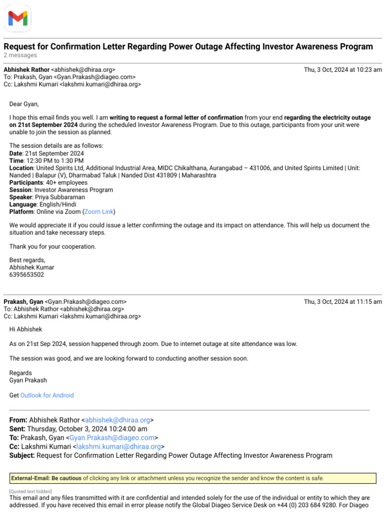 Gmail - Request for Confirmation Letter Regarding Power Outage ...