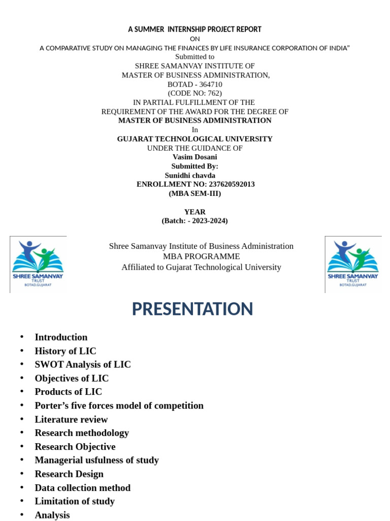 SUNIDHI CHAVDA LIC PROJECT PPT | PDF | Insurance | Life Insurance