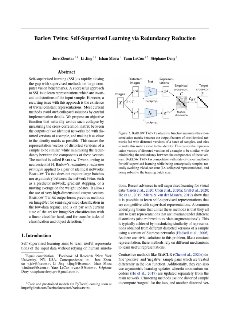 Barlow Twins: SSL with Redundancy Reduction | PDF | Statistical Classification | Artificial ...