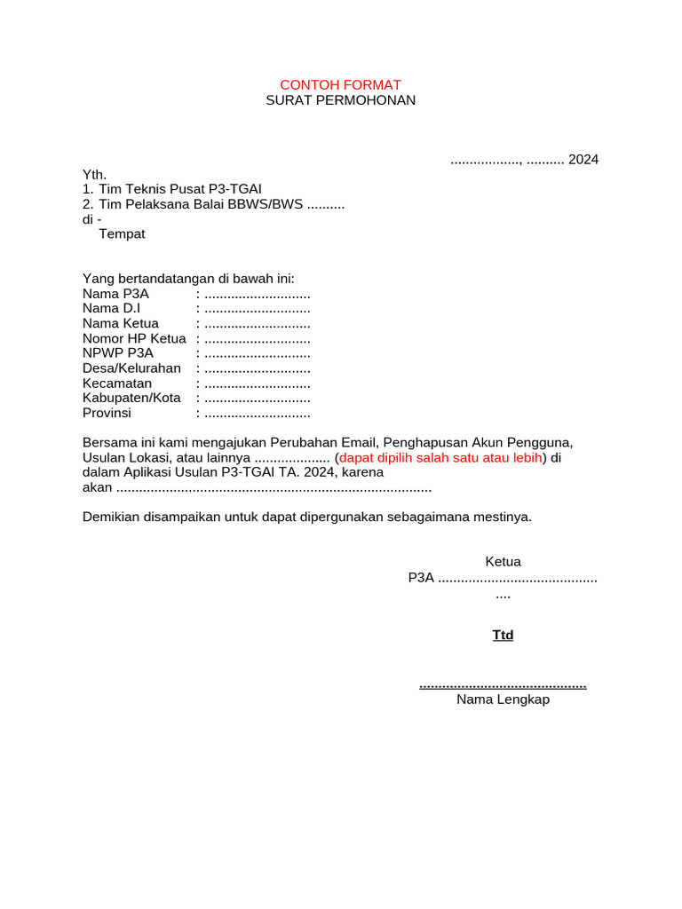 R2-Contoh Format P3A-Permohonan Penghapusan Akun & Usulan | PDF