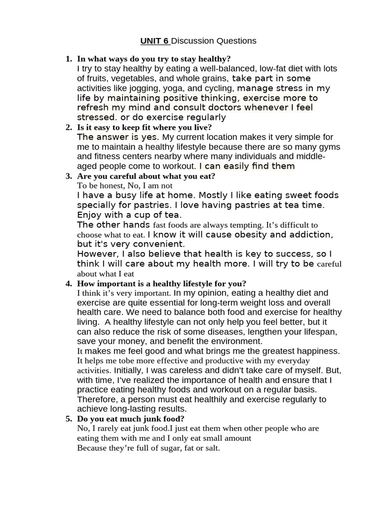 UNIT 6 Discussion Questions | PDF | Healthy Diet | Determinants Of Health