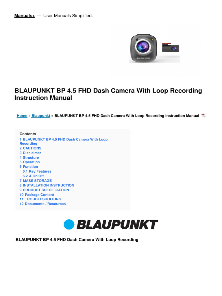 Blaupunkt BP 4.5 FHD Dash Cam Manual | PDF | Battery Charger | Camera