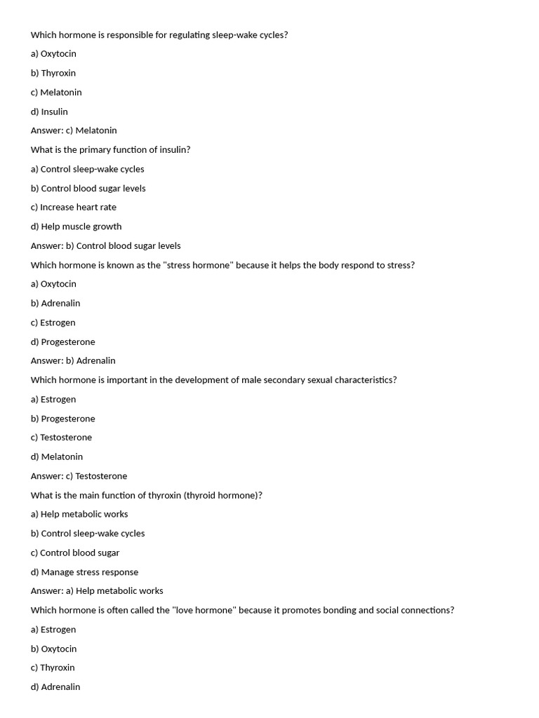 Multiple Choice Quiz For Endocrine System (Hormones) | PDF