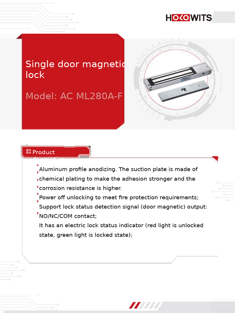 1B HOLOWIT Product Datasheet 01-04-01 AC ML280A-F Single Door Magnetic Lock 单门磁力锁 | PDF
