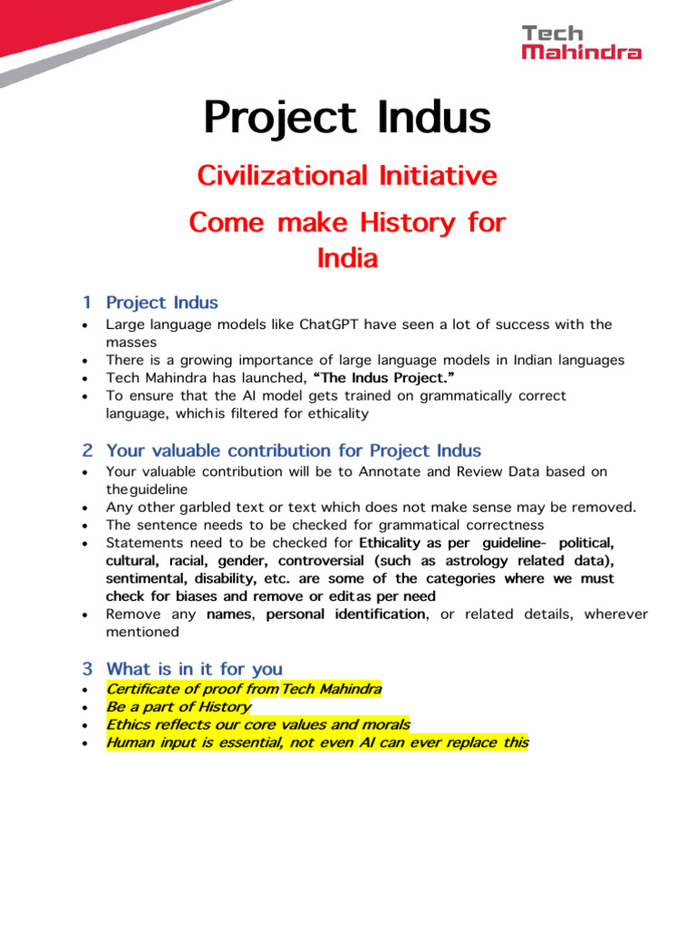 Project Indus - Internship With Tech Mahindra - Job Description | PDF