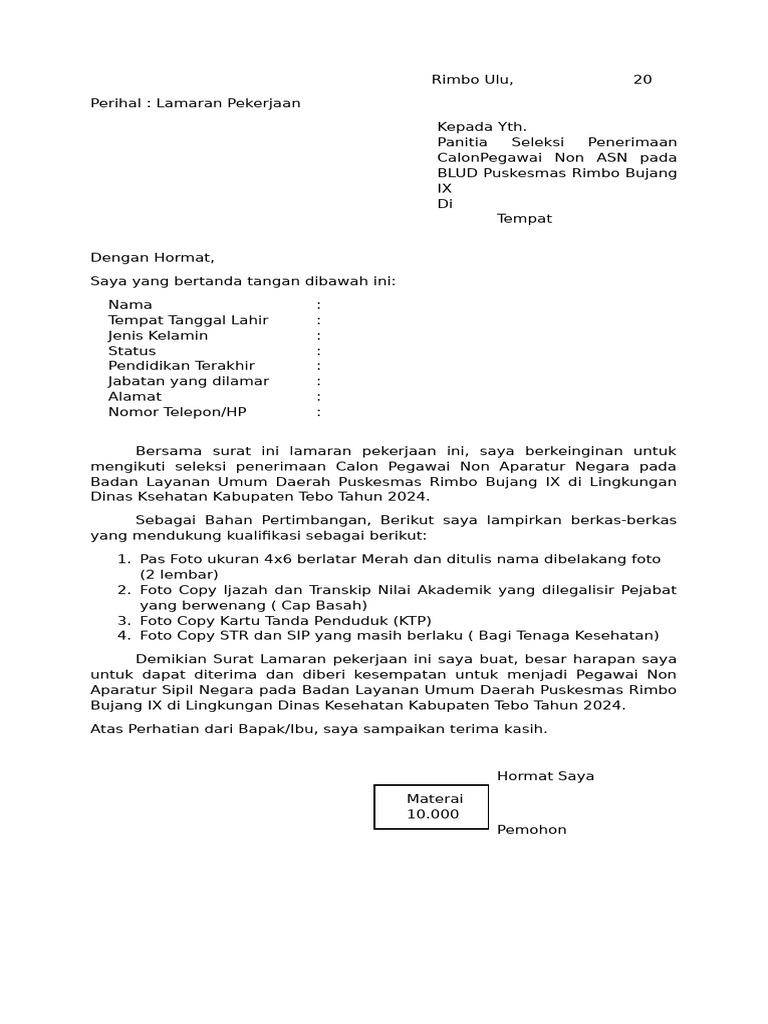 Format Surat Lamaran Kerja (Blud) | PDF