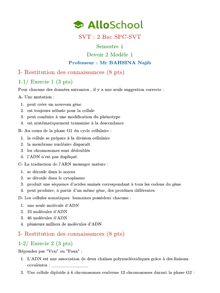 Semestre 1 Devoir 2 Modele 1 SVT 2bac SPC SVT | PDF
