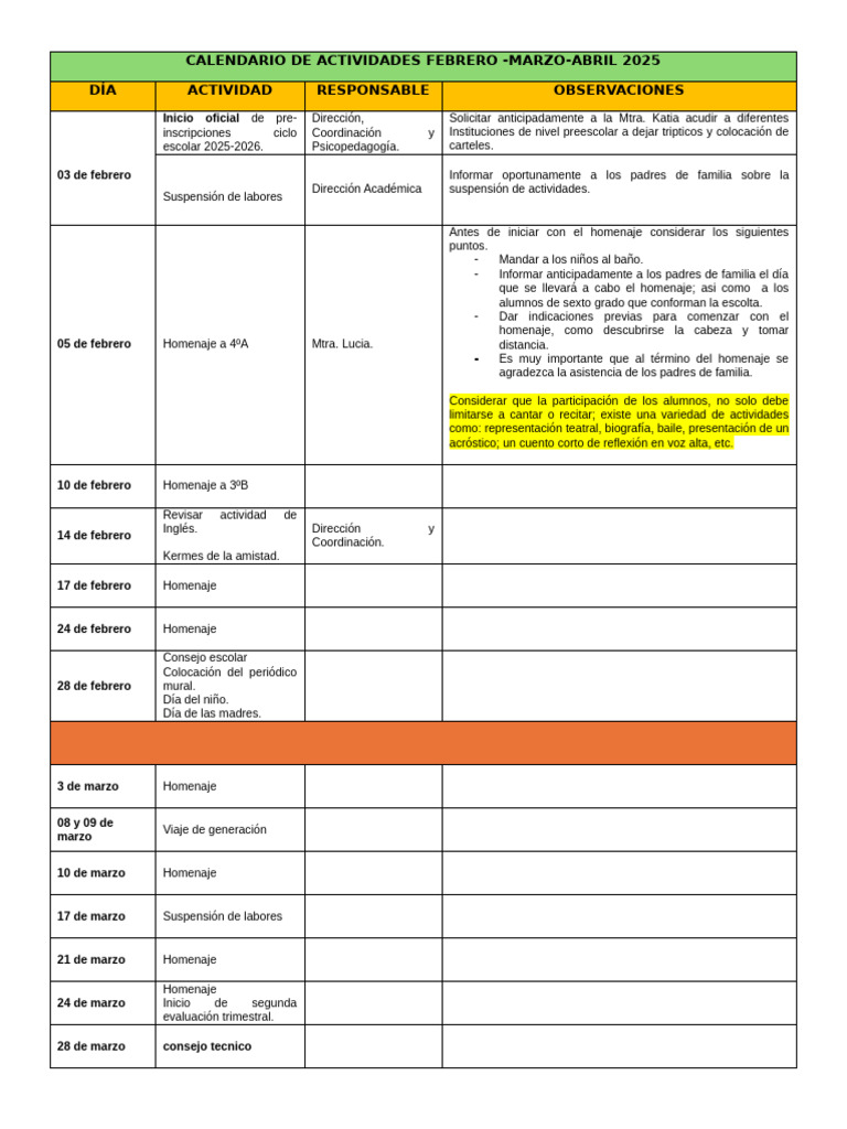 Calendario Feb-Mar-Abr | PDF