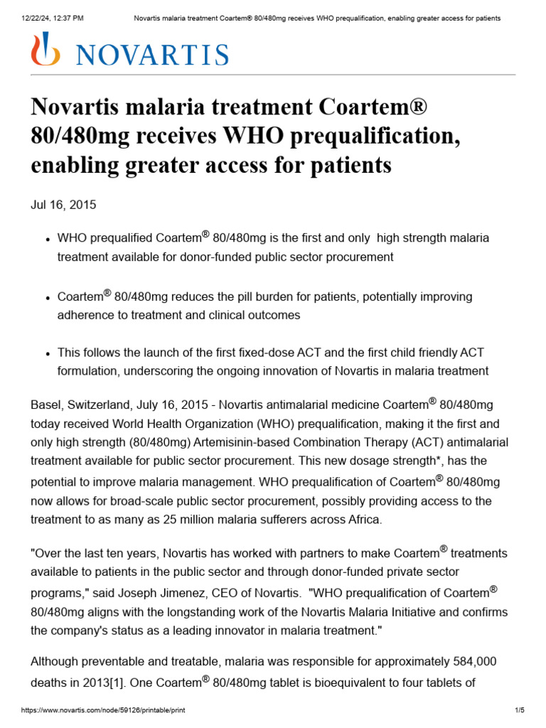 Novartis Malaria Treatment Coartem® 80 - 480mg Receives WHO Prequalification, Enabling Greater ...