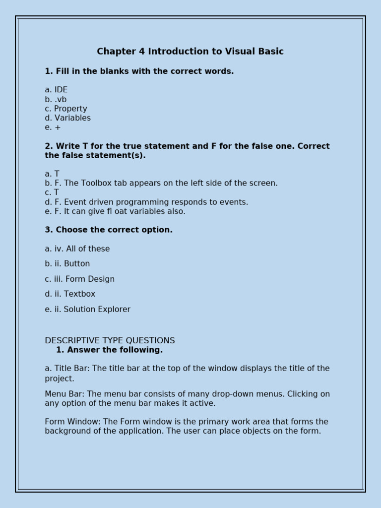Chapter 4 Introduction To Visual Basic: 1. Fill in The Blanks With The ...