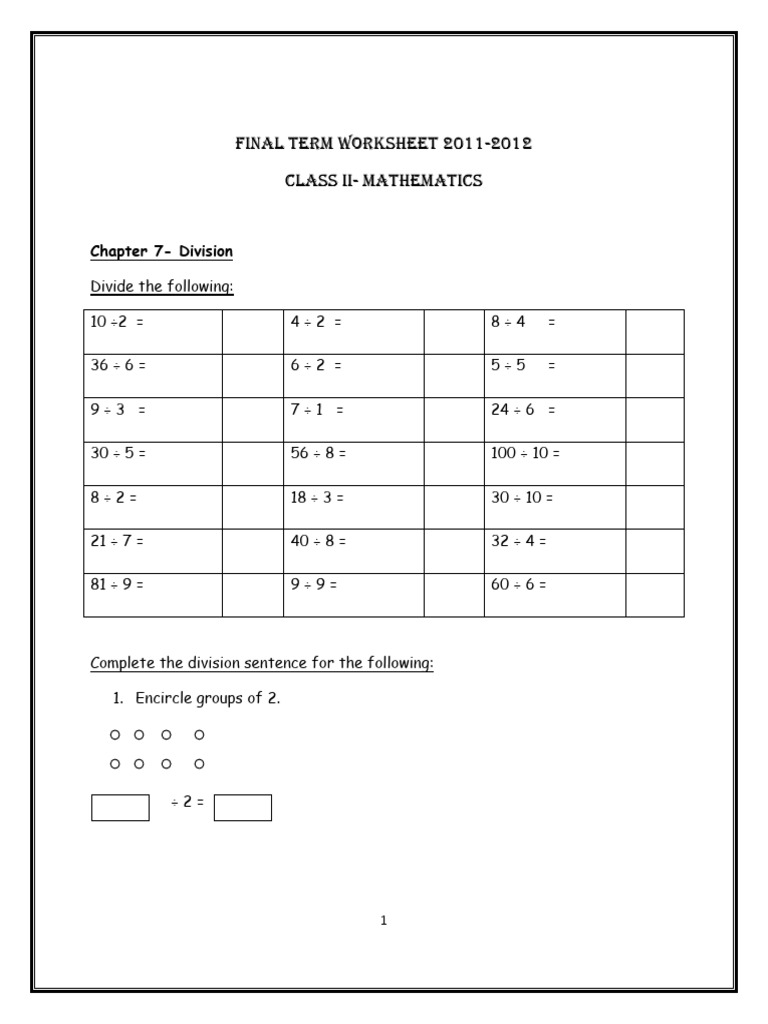 Class 2 Division Worksheet | PDF