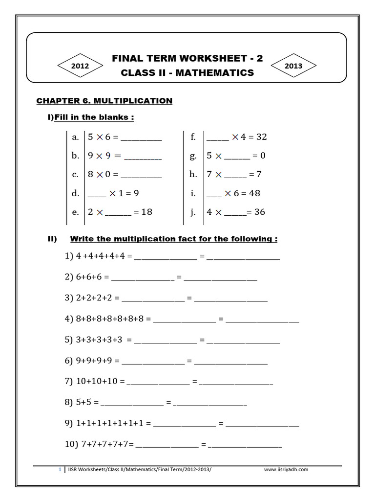 CBSE Class 2 Maths Practice Worksheets (139) - Multiplication and Time ...