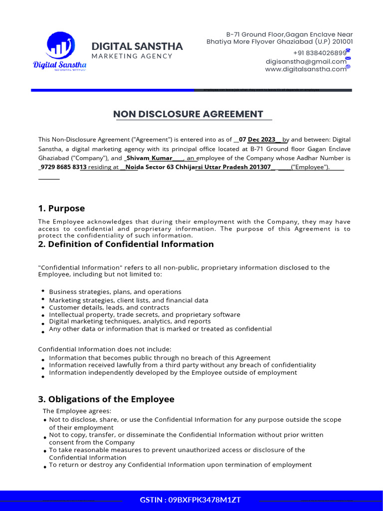 Non-Disclosure Agreement for Digital Sanstha | PDF | Non Disclosure ...