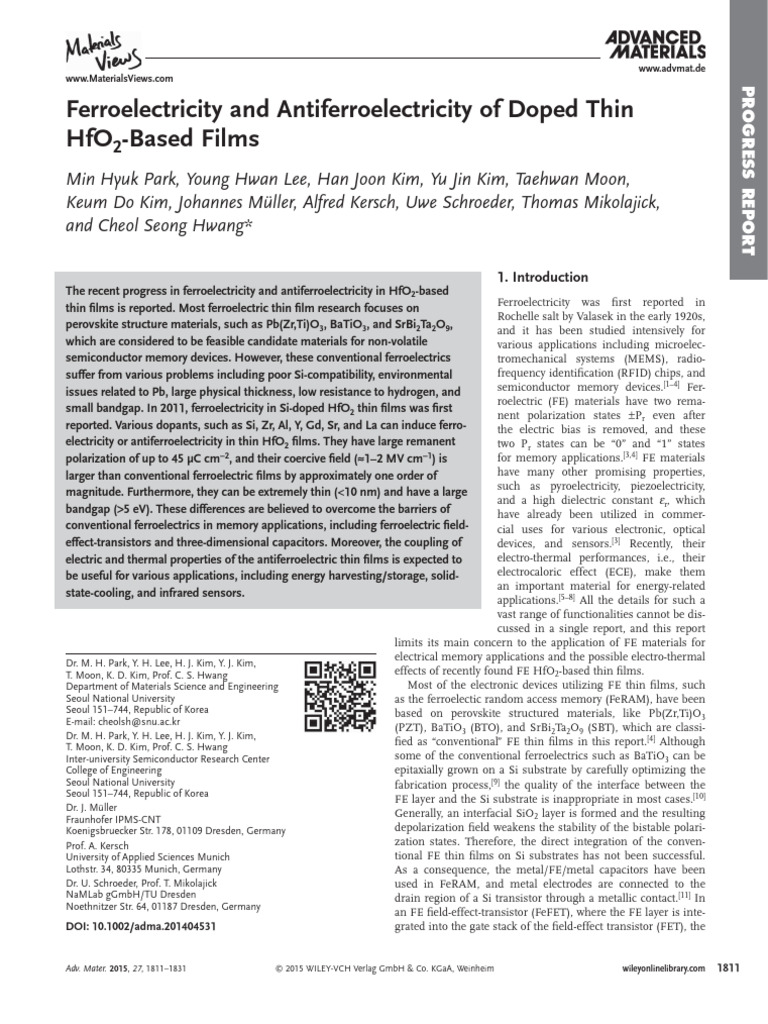 Ferroelectricity and Antiferroelectricity of Doped Thin HfO 2 - Based Films | PDF | Dielectric ...