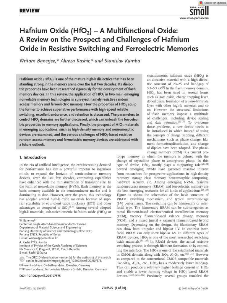 Small - 2022 - Banerjee - Hafnium Oxide HfO2 A Multifunctional Oxide A ...