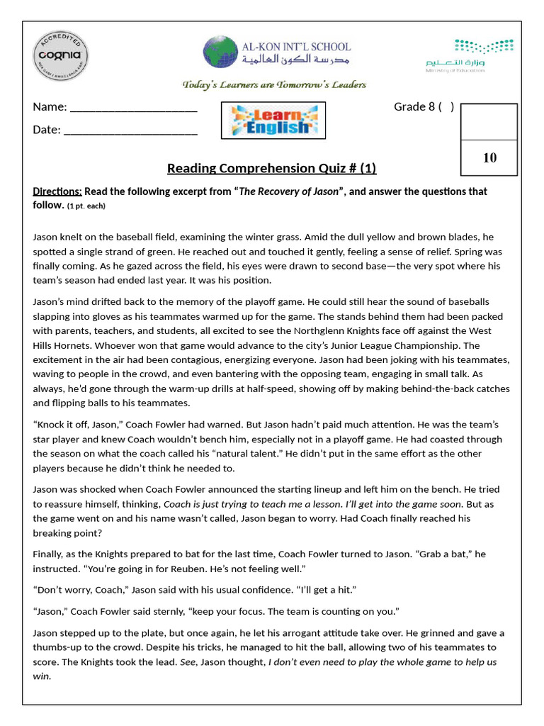 Gr. 8 Reading Comprehension Quiz 1 22-10 AK | PDF | Ball And Bat Games