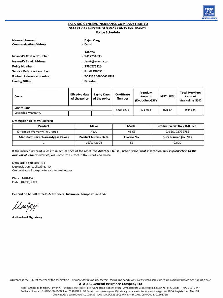 TATA AIG Smart Care Warranty Policy | PDF | Insurance
