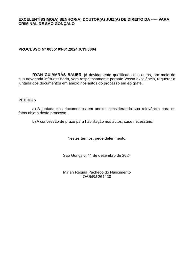 Petição Juntada de Docs Ryan Guimarães Bauer | PDF