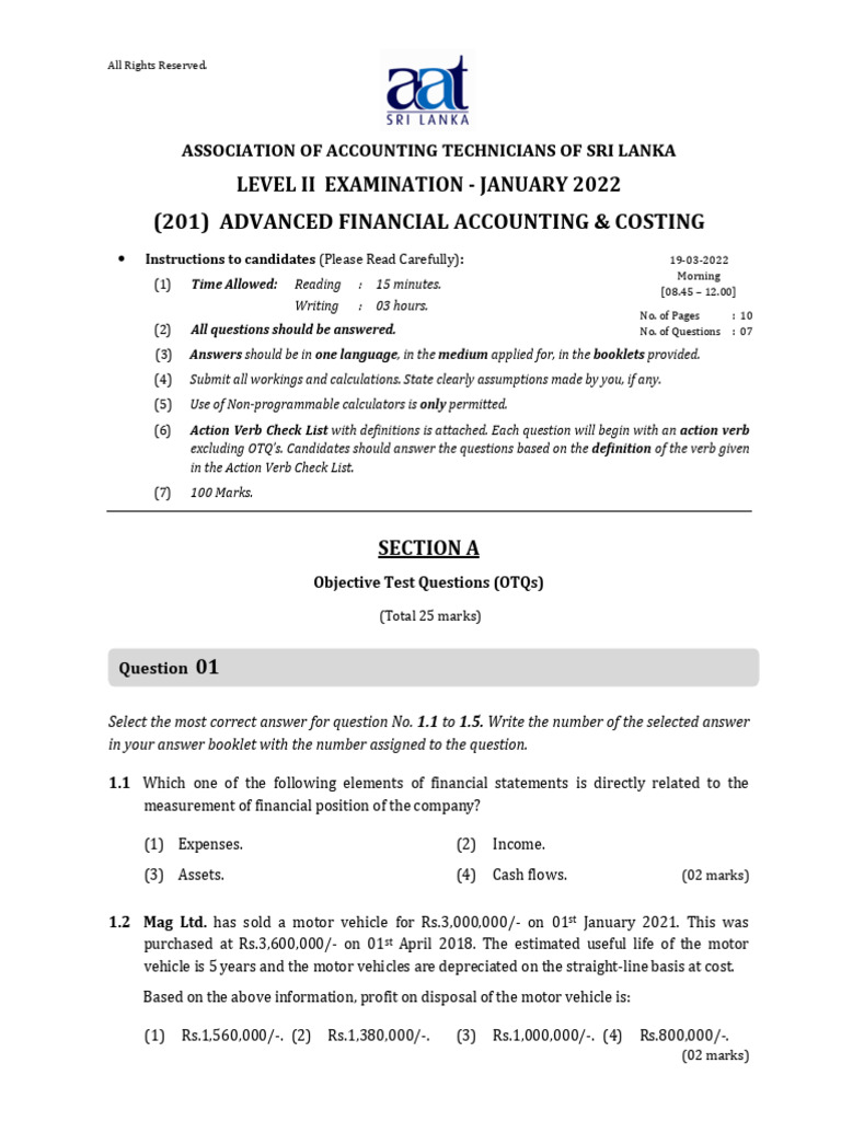 AAT Sri Lanka Level II Exam January 2022 | PDF | Expense | Knowledge