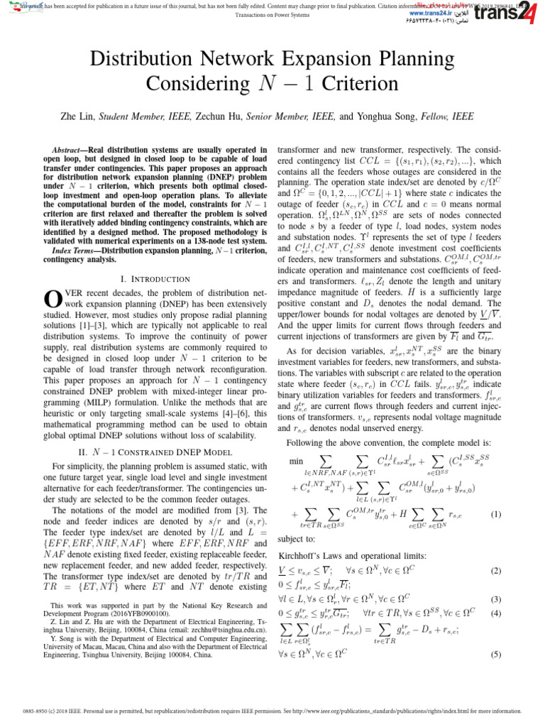Distribution Network Expansion Planning Considering N 1 Criterion | PDF | Transformer ...