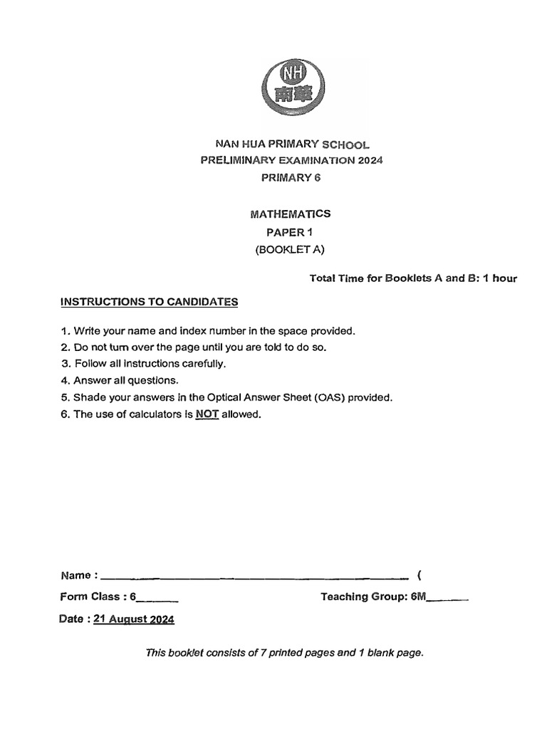 Nanhua Primary 2024 Math Prelim Paper | PDF | Qualifications ...